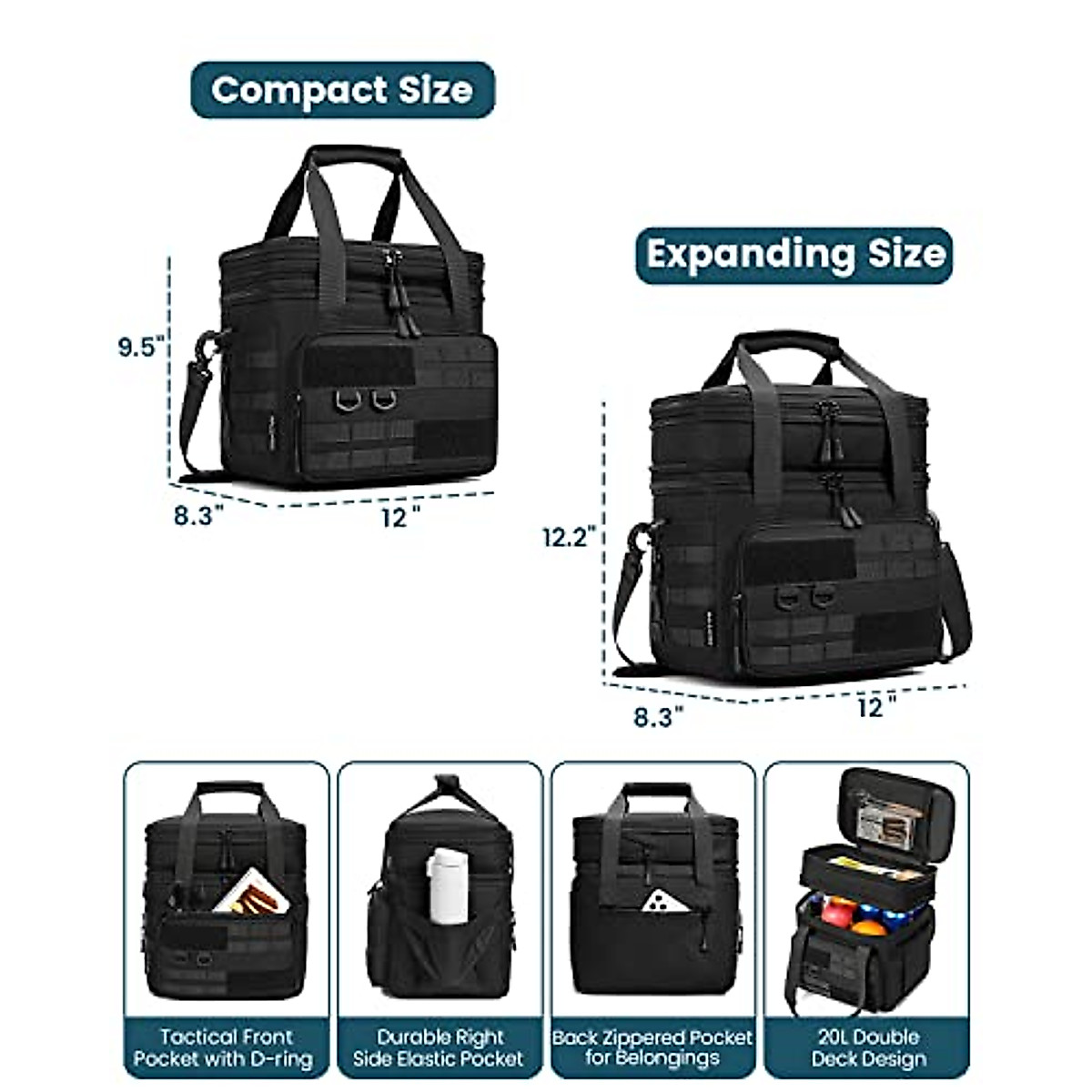 RalChyez Tactical Lunch Bag, 20L Large Heavy Duty Double Deck Insulated Lunch Box Leakproof Expandable Tote Cooler with Shoulder Strap for Adult Men Women Work Fishing Picnic Travel Black