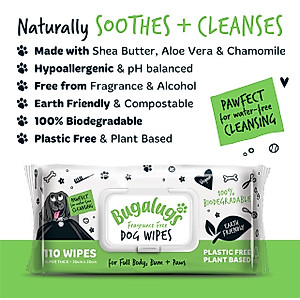 BUGALUGS Dog Wipes, 100% Plastic Free Biodegradable pet Wipes for Full Body, Eye Wipes, Ear Wipes, Bum & Paws. 110 Sensitive Dog Grooming Wipes for Dogs, Puppy & cat Grooming (Fragrance Free)
