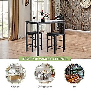 COSTWAY 3 Pieces Dining Table Set, 2 Person Kitchen Breakfast Table and Chair Set Pub Table and Chairs Set, Counter Height Dining Table Set with 2 Bar Stools (Black)