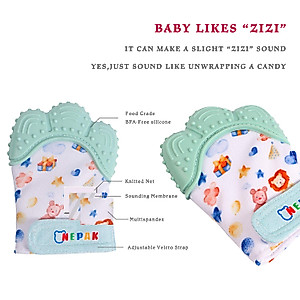 NEPAK Teething Mitten 2 Pairs-Baby Glove Stimulating Teether Toys for Boys & Girls-Teething Glove for Child (Cartoon Puppet,Coral and Mint Colours)