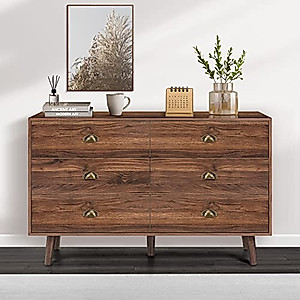 Vrullu Dresser for Bedroom with 6 Drawer, Walnut Dressers & Chests of Drawers with Bronze Handles, Modern Storage Drawers for Entryway, Closet, Hallway, Nursery (1, Walnut)