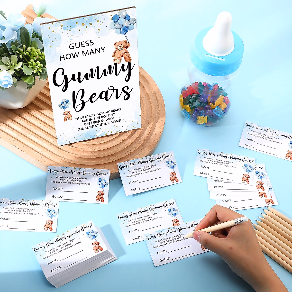 Qilery 122 Pcs Baby Shower Games Guess How Many Bears 100 Guessing Cards 20 Pencils 1 Baby Bottle 1 Wood Standing Sign for Baby Shower Games Gender Reveal Party Decoration (Blue)