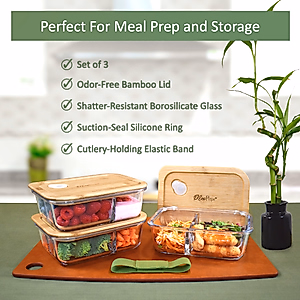 EcoPreps Glass Bento Box Containers with Bamboo Lids, 3 Compartment Glass Meal Prep Containers [3 Pack] - 100% Plastic Free, Eco-Friendly Glass Lunch Containers, Bamboo Glass Bento Boxes for Adults