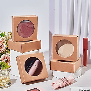 BENECREAT 24 Packs Brown Kraft Square Paper Boxes Gift Wrapping Box with Round Clear Window 3x3x1.2 for Homemade Soap, Wedding Party Favor, Festival Gift Packaging