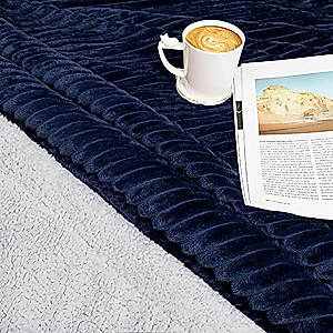 PAVILIA Sherpa Fleece Blanket Throw | Stripe, Super Soft, Plush, Luxury Flannel Throw | Thick Fluffy Ribbed Microfiber Blanket for Sofa Couch Bed (Navy Blue, 50x60 inches)