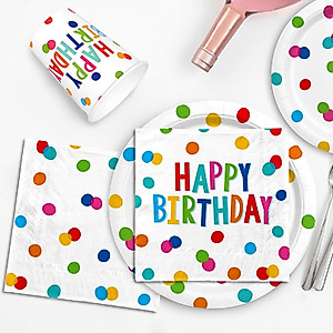 Happy Birthday Decorations: Happy Birthday Party Supplies Set with Birthday Dots Design- Includes Disposable Paper Birthday Plates and Napkins, Cups, Tablecloth, and Banner for Boys/Girls, Serves 25.