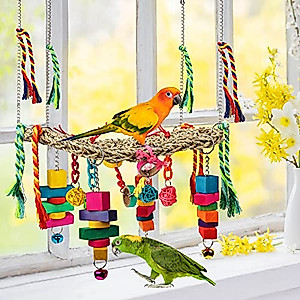 Bird Swing Toys, Bird Foraging Wall Toy, Seagrass Woven Hammock Swing Mat with Colorful Ropes Wooden Chew Toys for Lovebirds, Parakeets, Conures, Cockatiels