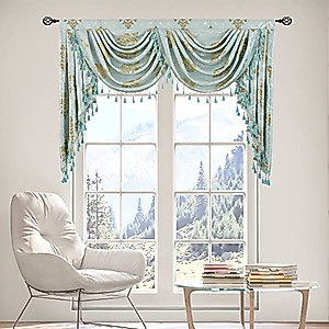 JADE POKE European Floral Valance for Windows Waterfall Valances for Living Room Aqua Tassels Valance for Bay Window - Damask Valance with Beads Swag Valance for Party Rod Pocket (1 Panel, W59 Inch)