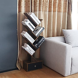 LAZYLAND Brown Bookshelf with Drawer, 6-Tier Floor Standing Tree Bookshelf, for CDs/Movies/Books, Utility Organizer Shelves for Home Office, Bedroom, Living Room