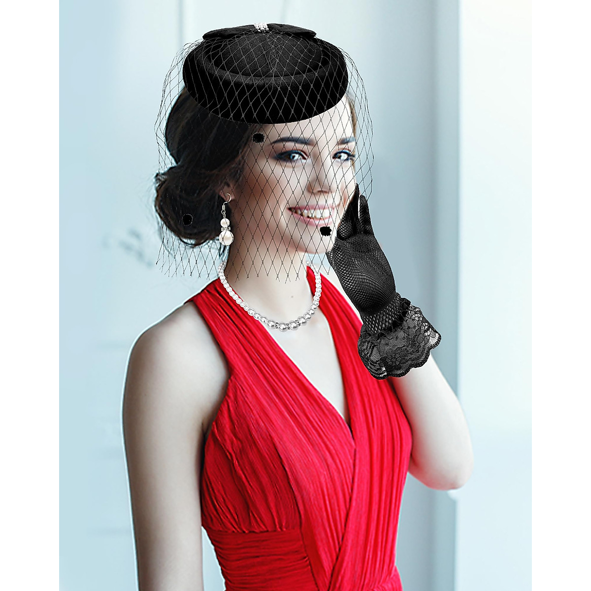 Bniksok Black Fascinators Hats with Veil for Women Vintage Halloween Pillbox Hat 1920s 50s Gatsby Cocktail Tea Party Headwear, Lace Gloves Pearl Necklace