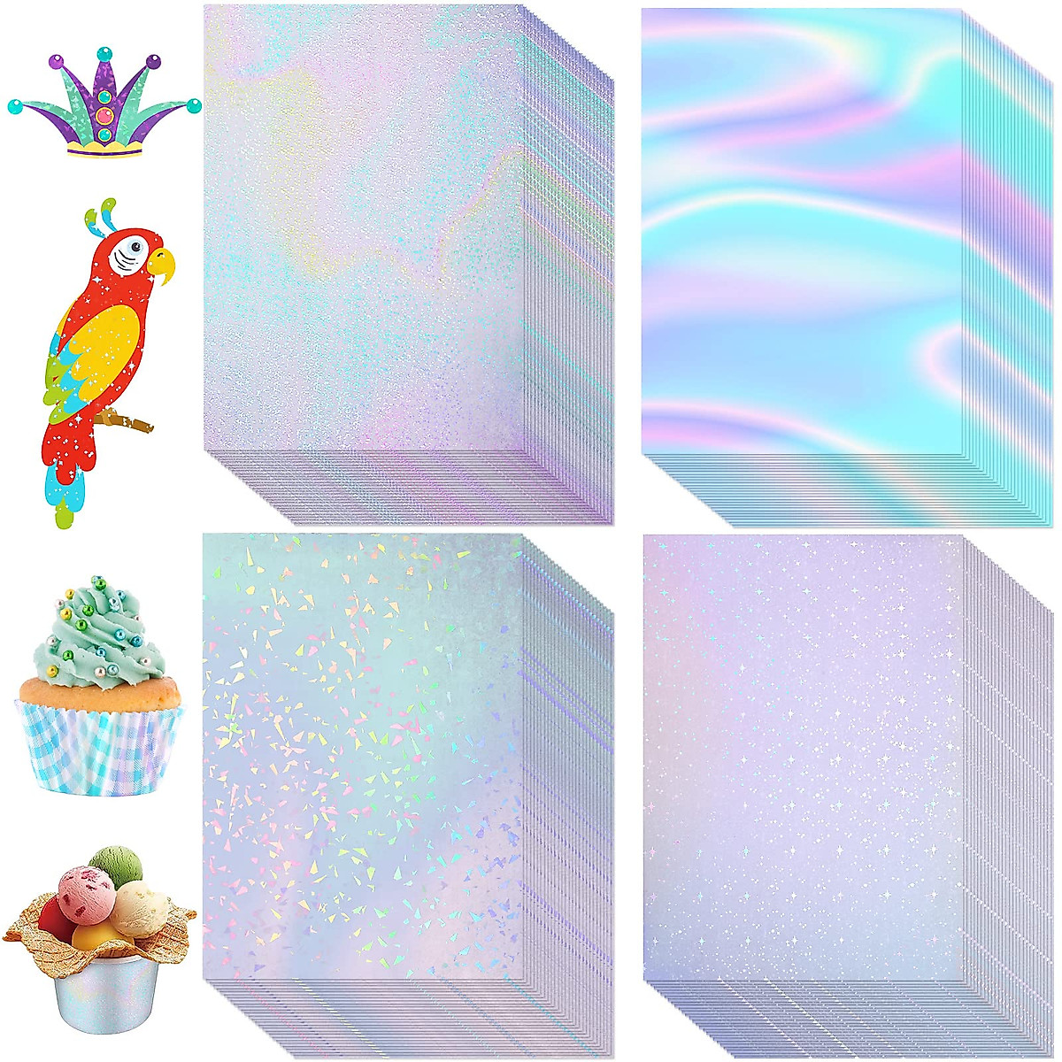 108 Sheets Holographic Sticker Paper Clear A4 Vinyl Sticker Paper Holographic Laminate Sheets Adhesive Holographic Overlay Waterproof Transparent Film with Gem, Colorful, Dot, Star, 11.7 x 8.3 Inch