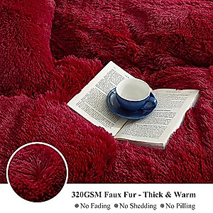 XeGe Plush Shaggy Duvet Cover Set, Luxury Soft Crystal Velvet Fluffy Furry Bedding Sets 3 Pieces(1 Faux Fur Fuzzy Comforter Cover + 2 Faux Fur Throw Pillow Shams), Zipper Closure (Queen, Red)