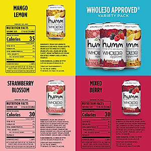 Humm Whole30 Approved Kombucha Variety Pack - Mango Lemon, Mixed Berry, Strawberry Blossom - Organic, Vegan & GMO-Free (12 Pack)
