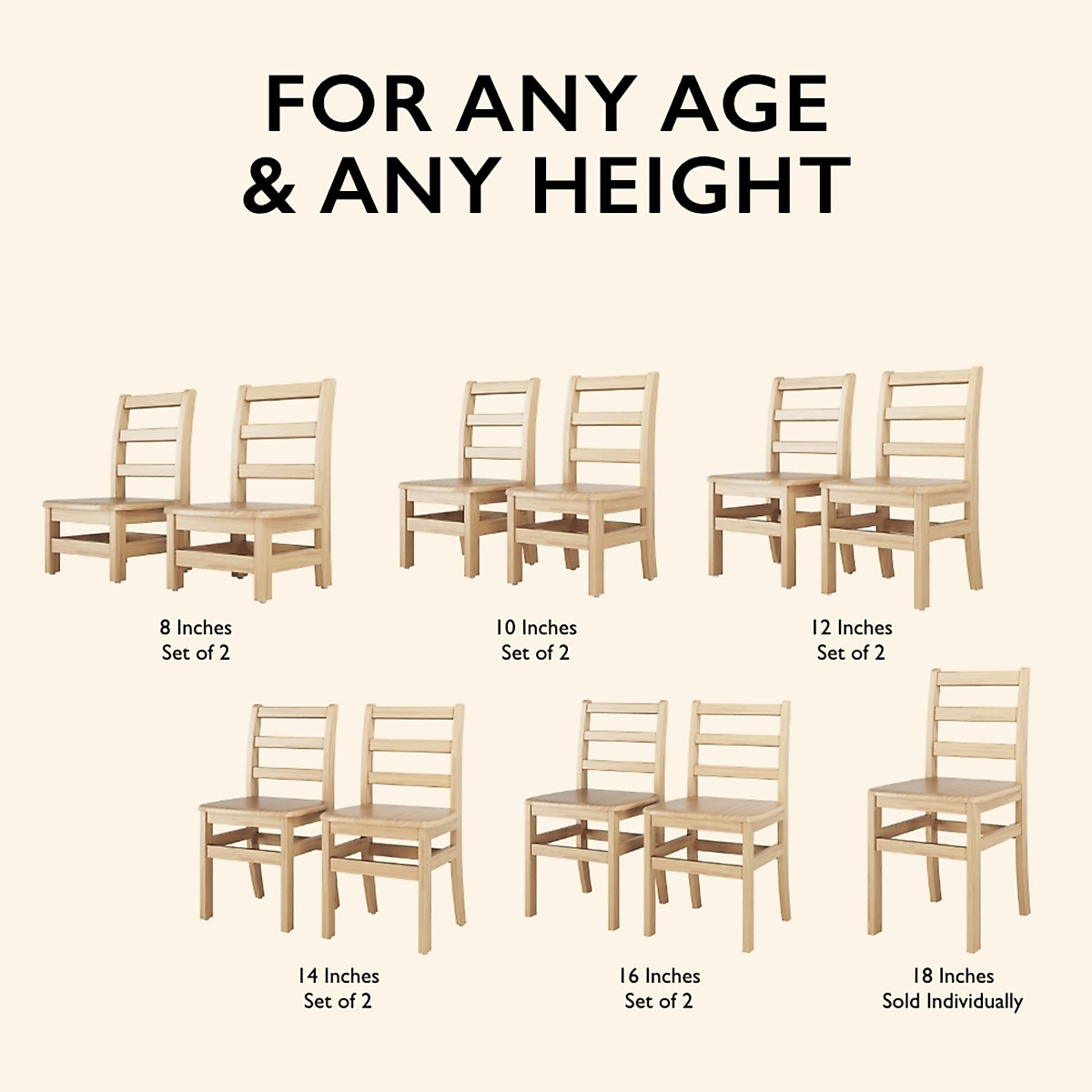 Foundations Little Innovators 8"; 2 Pack Kids Wooden Ladderback School Chairs - Durable Rubberwood Fully-Assembled - Kid Chairs for Daycare and Classrooms