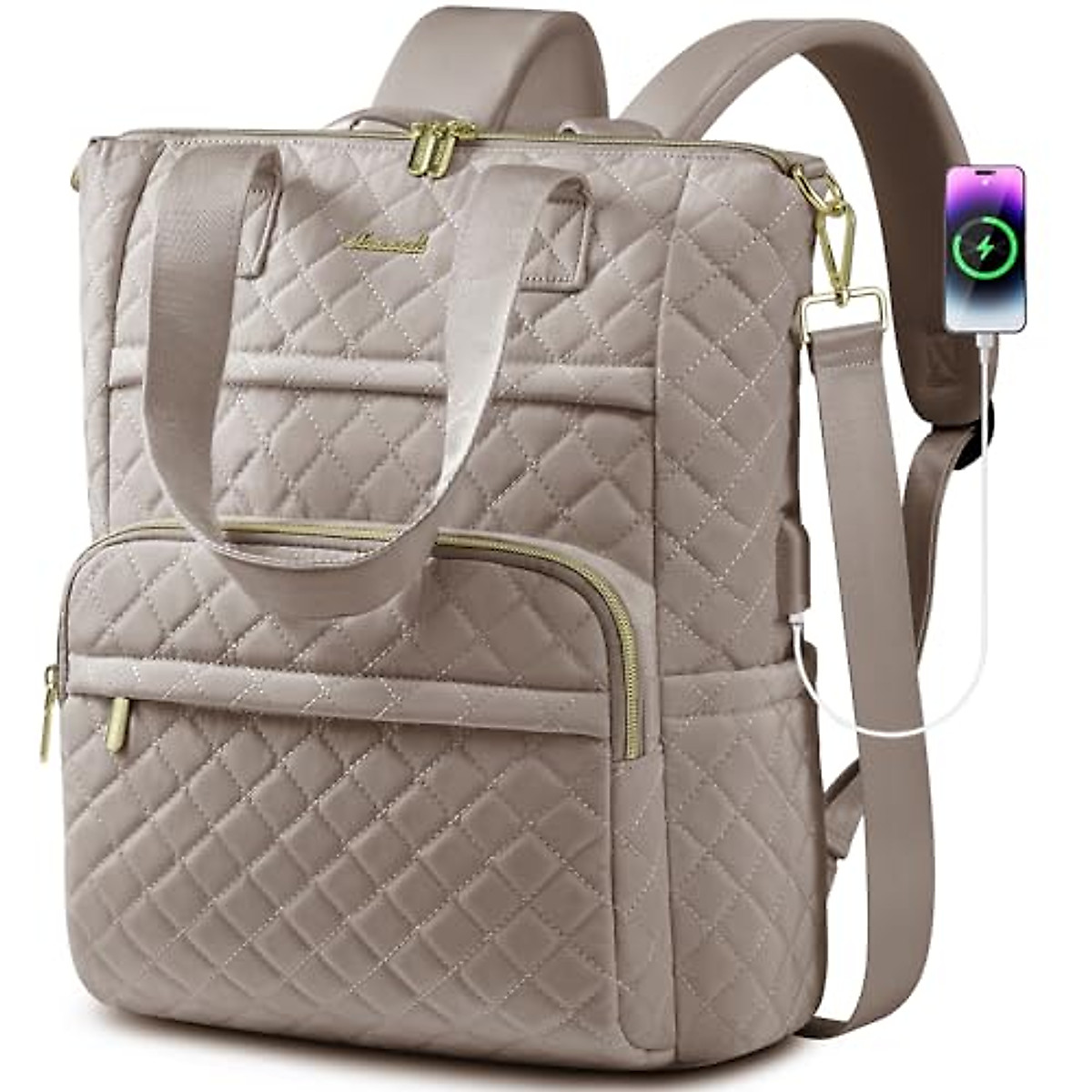 LOVEVOOK Laptop Backpack for Women 17 inch,Diamond Quilted Convertible Backpack Tote Laptop Computer Work Bag,Cute Womens Travel Backpack Purse College Teacher Carry on Back pack with USB Port,Nude