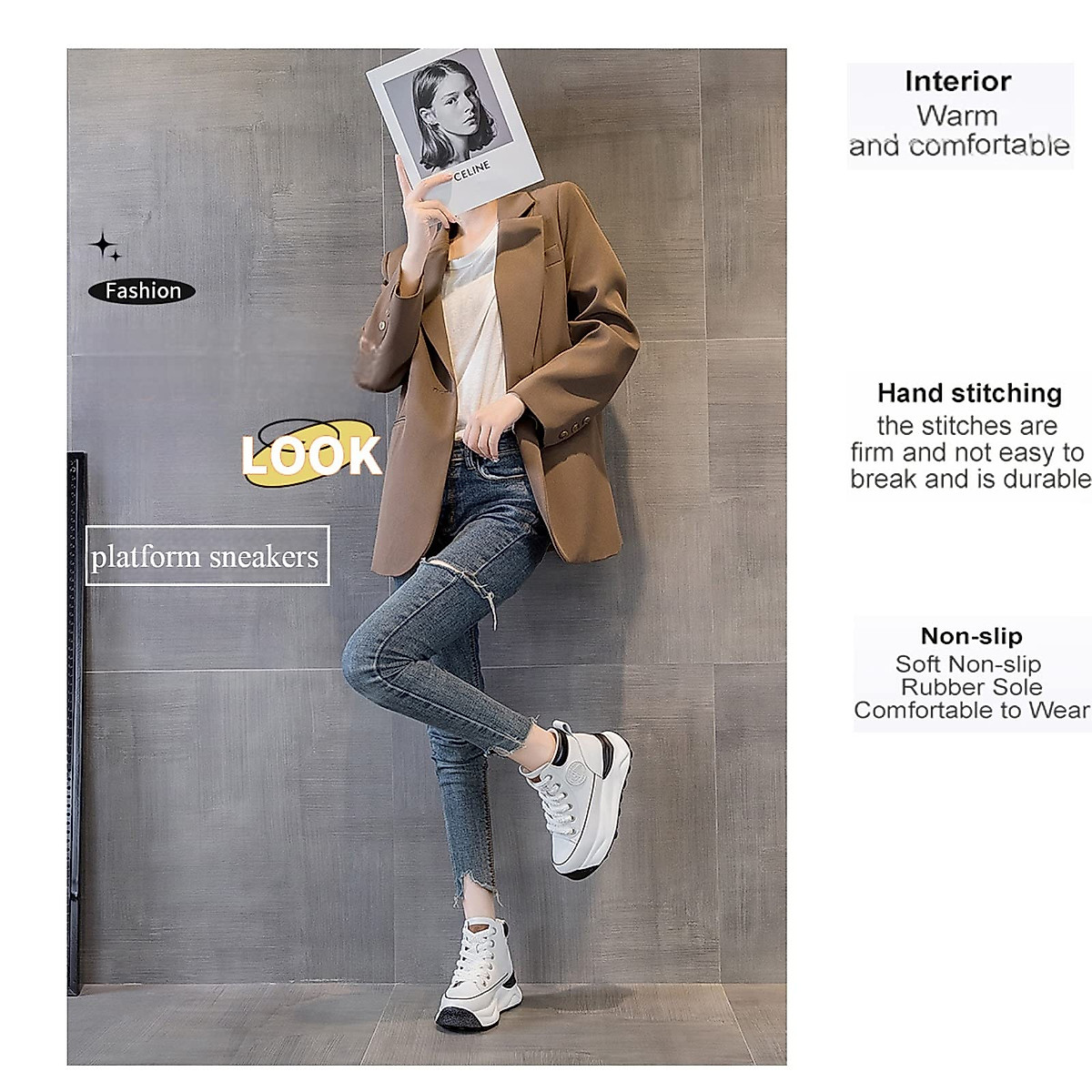 Women's Platform Height Increasing Sneakers,Stylish Comfortable Hidden Height Increase Leather Upper Casual Platform Shoes. (White,7.5)