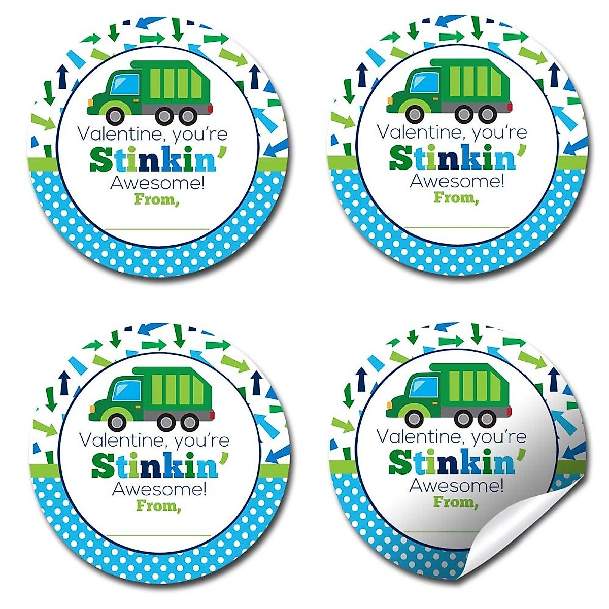 Garbage Truck Vehicle-Themed Valentine Party Favor Sticker Labels, 40 2" Party Circle Stickers by AmandaCreation, Great for Classroom Valentines, Envelope Seals, Gifts & Treats