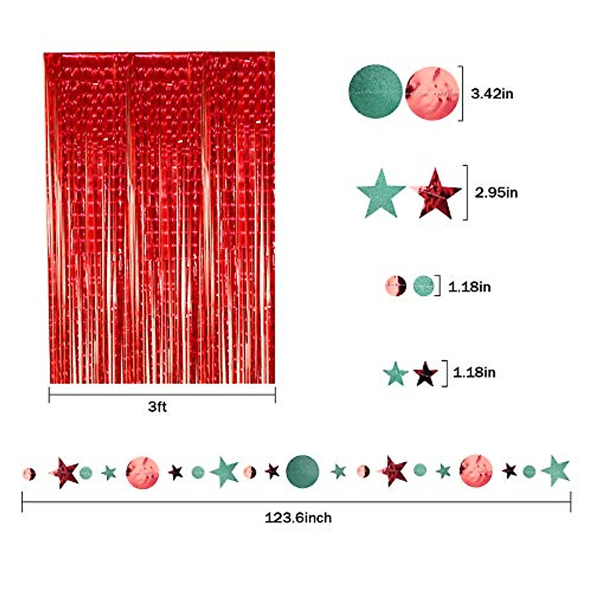 Christmas Party Decoration Backdrop - 4 Pack Foil Fringe Curtains Tinsel Curtain and 2Pcs Glitter Circle Dots Star Garlands for Birthday Xmas Holiday New Year Eve Party Decorations (Red and Green)