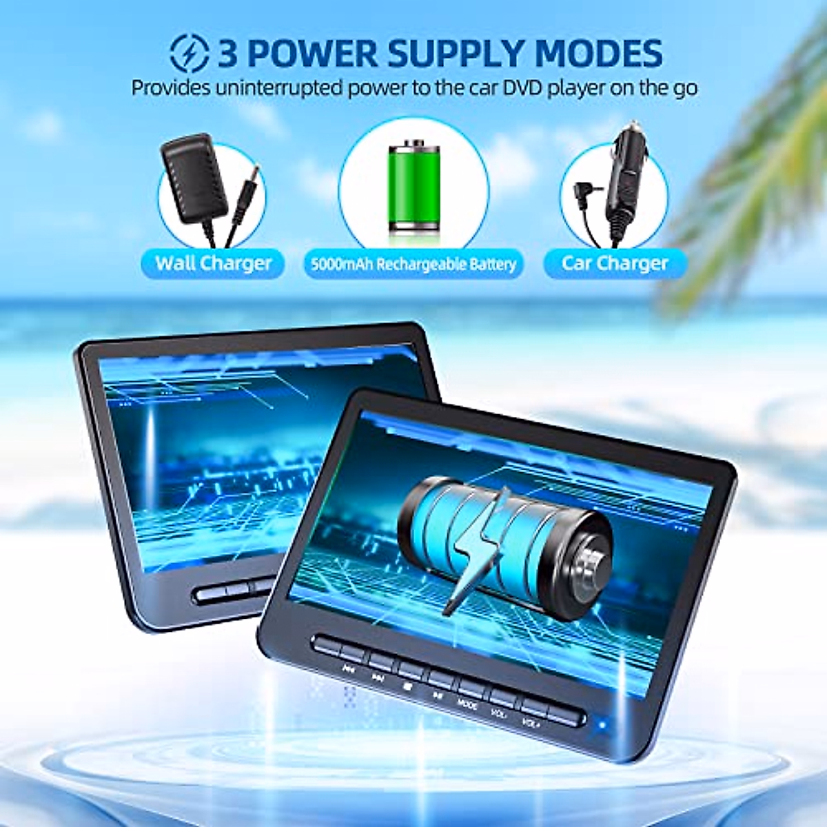 DESOBRY 10.5" Portable DVD Player for Car, Car DVD Player Dual Screen with HDMI Input, 5-Hour Rechargeable Battery, HD Transmission, Headrest DVD Player Supports USB, Last Memory (1 Player+1 Monitor)