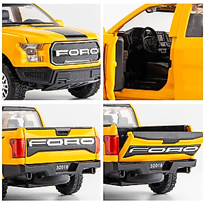 BDTCTK Compatible for 1:32 Ford Raptor F150 Pickup Truck Car Model, Diecast Pull Back Car Toy Car with Sound and Light for Kids Boy Girl, Metal Body, Yellow