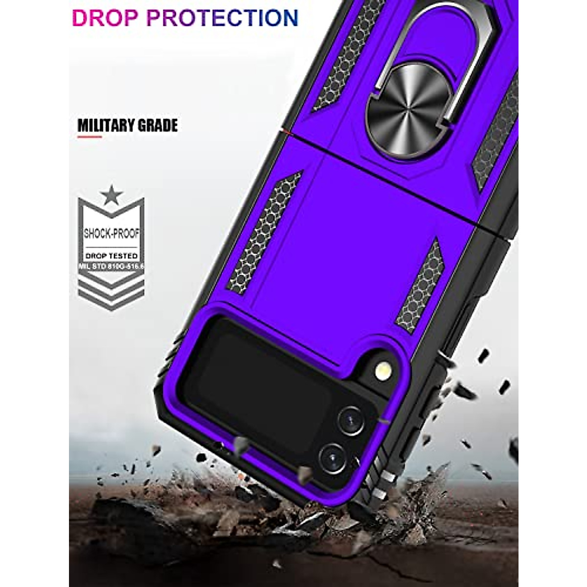 IKAZZ Galaxy Z Flip 3 Case,Samsung Z Flip 3 Cover Military Grade Shockproof Heavy Duty Protective Phone Case Pass 16ft Drop Test with Magnetic Kickstand Holder for Samsung Galaxy Z Flip 3 Purple