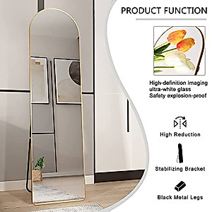 BOSTANA 59.9"x16.5"Arched Full Length Mirror,Aluminum Alloy Metal Frame Arched Wall Mirror,Wall Mirror Hanging or Leaning Standing Body Mirror with Stand for Bathroom,Cloakroom,Golden
