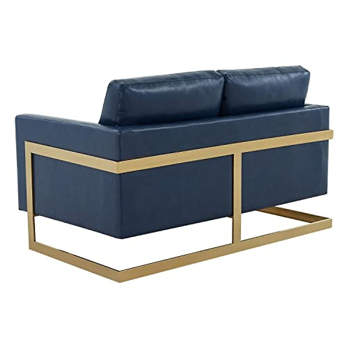 LeisureMod Lincoln Modern Mid-Century Upholstered Leather Loveseat with Gold Frame, Navy Blue