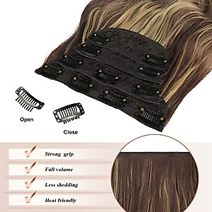 FESHFEN Clip in Hair Extensions 4 PCS Long Wavy Thick Highlighted Hair Piece Clip in Extensions Synthetic Hair Extension for Women, Blonde Highlighteded Medium Brown 20 Inch