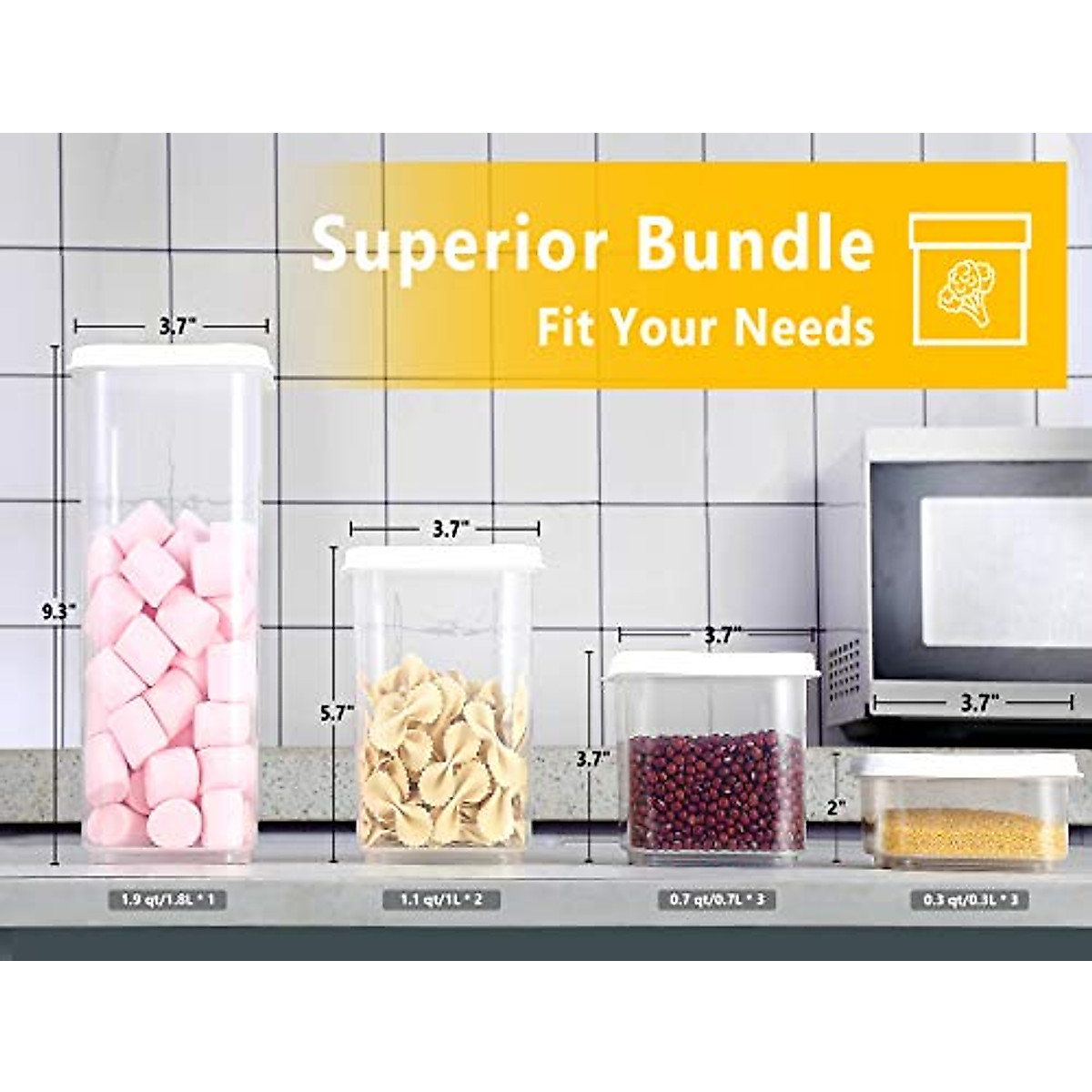 Airtight Food Storage Container Set with Lids, 9 pcs Plastic Food Container BAP Free Kitchen Pantry Organization and Storage Canisters for Organizing Flour Sugar Cereal with 12 Labels & Marker, White