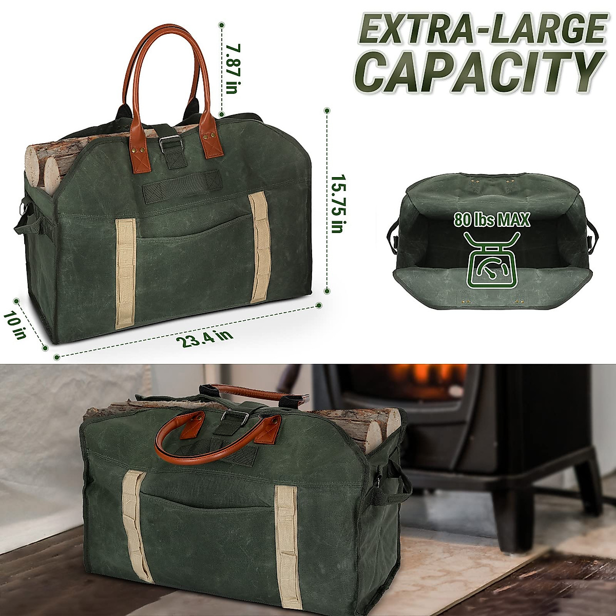 EIVOTOR Multifunction Firewood Carrier Bag, Extra Large Waxed Canvas Wood Log Carrier for Firewood with Soft Handles and Adjustable Shoulder Strap, Firewood Holder Tote Bag for Indoor Home or Camping