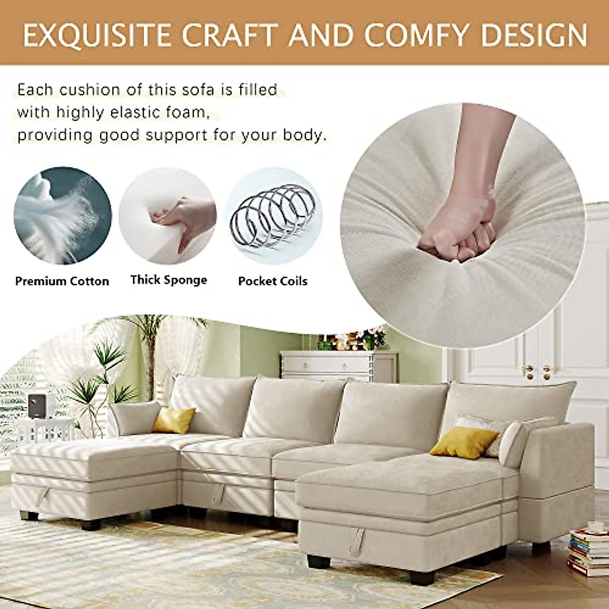 YUNLife&Home U-Shaped Oversized Modular Sectional Sofa,Convertible Sleeper Couch Bed with Reversible Chaise Lounge,Upholstered Tufted Cushion 6-Seat Sofá&Couches for Living Room Furniture Set