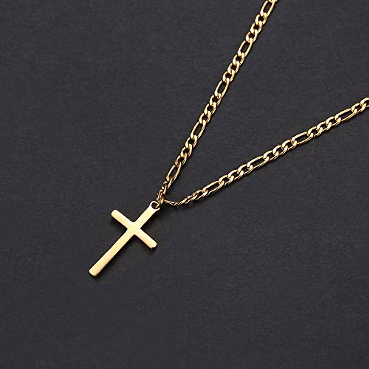 14K Gold Filled Cross Necklace for Men Figaro Chain Cross Necklace Stainless Steel Plain Cross Pendant Necklace Simple Faith Jewelry Gift for Boys 18"