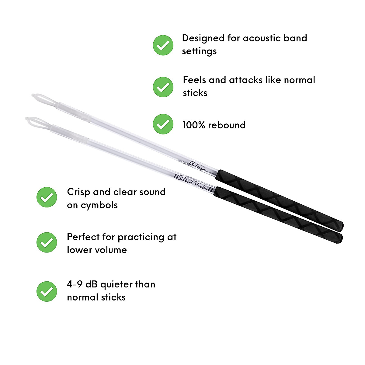 Adoro Silent Sticks - Drum Sticks Designed for Live Acoustic Music - Reduce the Volume of any Drum Set and Maintain a Full Stick Sound - No more Drum Shield or Dampeners needed - SSX (1 Pair)