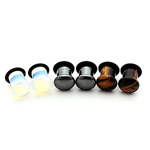 Mystic Metals Body Jewelry Set of 3 Pairs Single Flare Stone Plugs - 2g - 6mm - (Opalite, Hematite, Tiger Eye) - Sold As a Pair