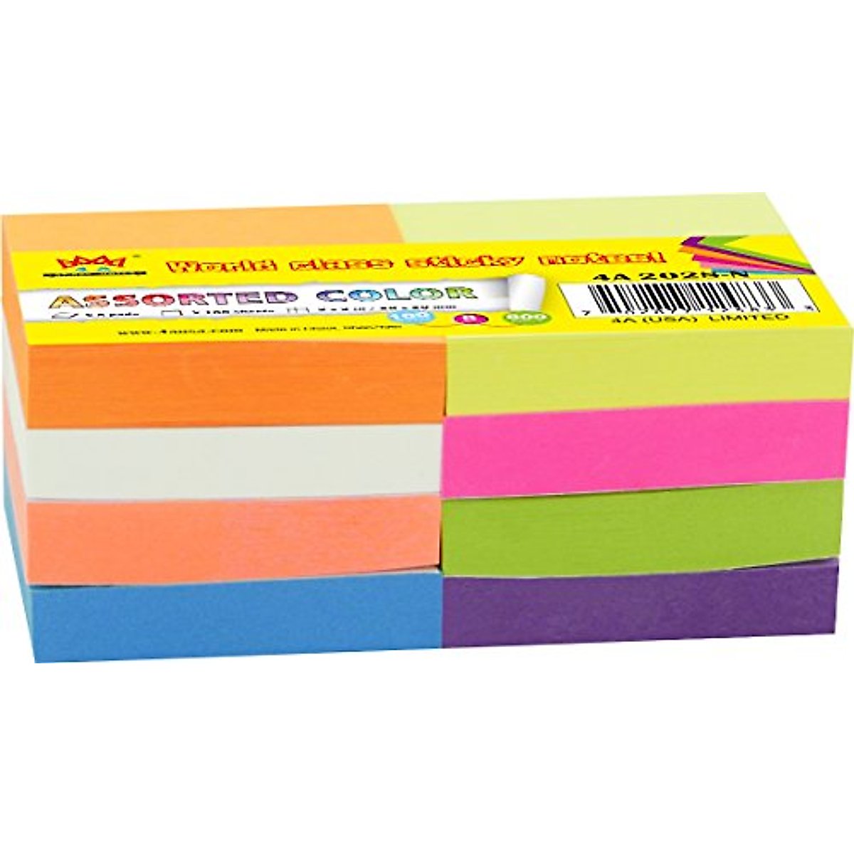4A 4A 2028-N Sticky Notes, 2 x 2 Inches, Small Size, Self-Stick Notes, 100 Sheets/Pad, 8 Pads/Pack, Neon Color