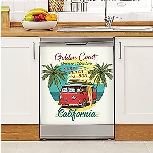 Dishwasher Magnet Cover California Typography for t Shirt Print with surfbeach and Retro Bus Magnetic Refrigerator Stickers Decorative Appliance Cover Fridge Panels Metal Door Garage 23"Wx26"H