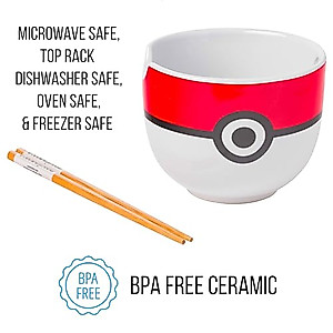 Silver Buffalo Pokemon Pokeball Ceramic Ramen Noodle Bowl with Chopsticks, Microwave Safe, 20 Ounces