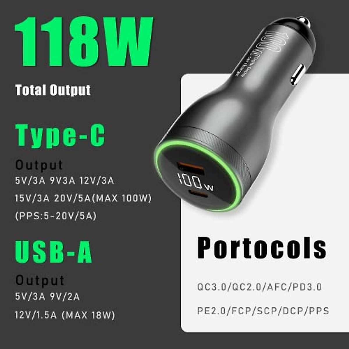 PhinkTek 100W Type-C Car Charger Super Fast Charge PD 100w and QC3.0 18W Dgital Display Car Charger Adapter for iPhone 14 13 12 iPad Pro Mac Book Pro Air Laptop Samsung S21 S22 Ultra Note 20