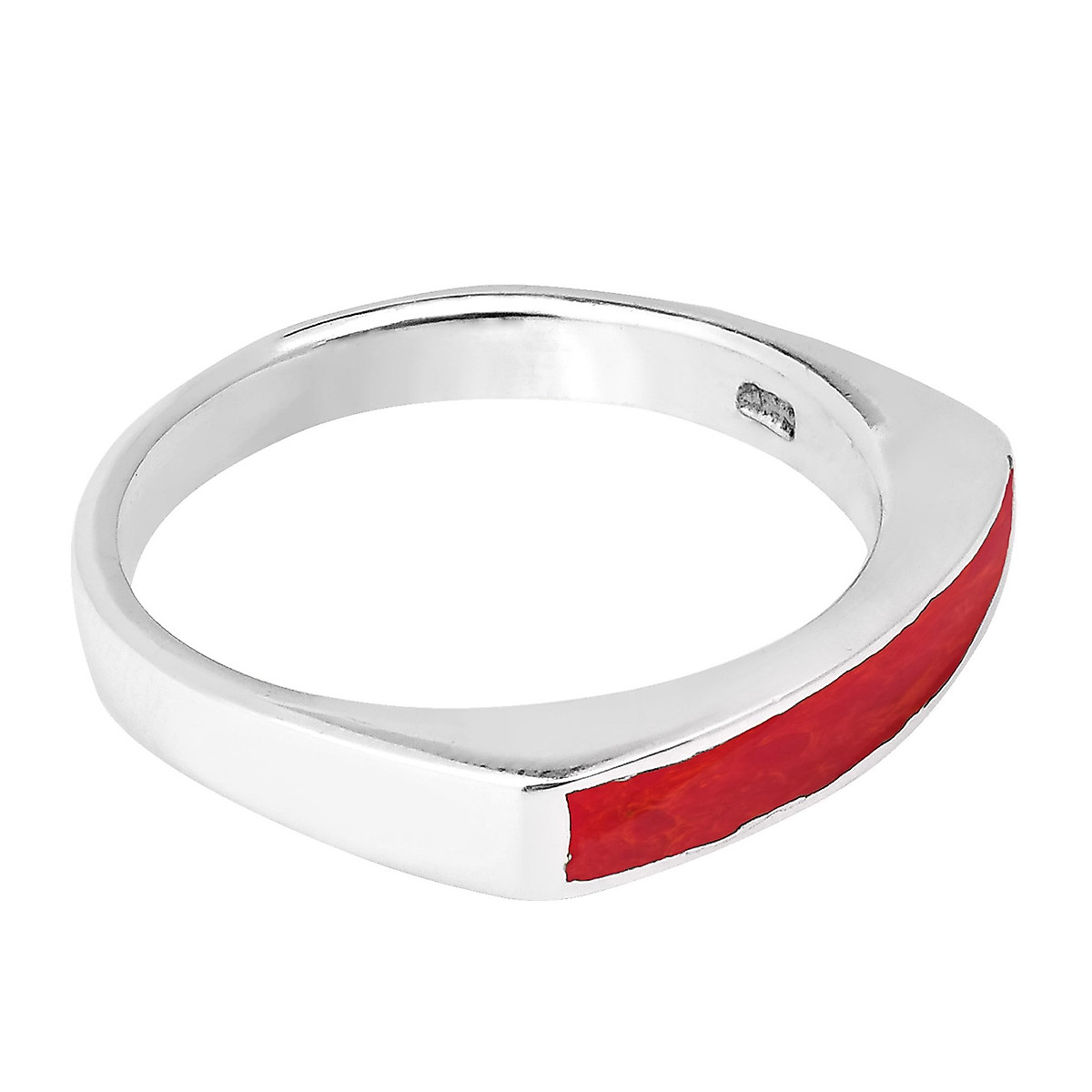AeraVida Rectangular Bar Reconstructed Red Coral Inlay .925 Sterling Silver Ring | Classic Wedding Rings For Women | Casual Comfort Fit Silver Rings for Women | Sterling Silver Rings Sizes (8)