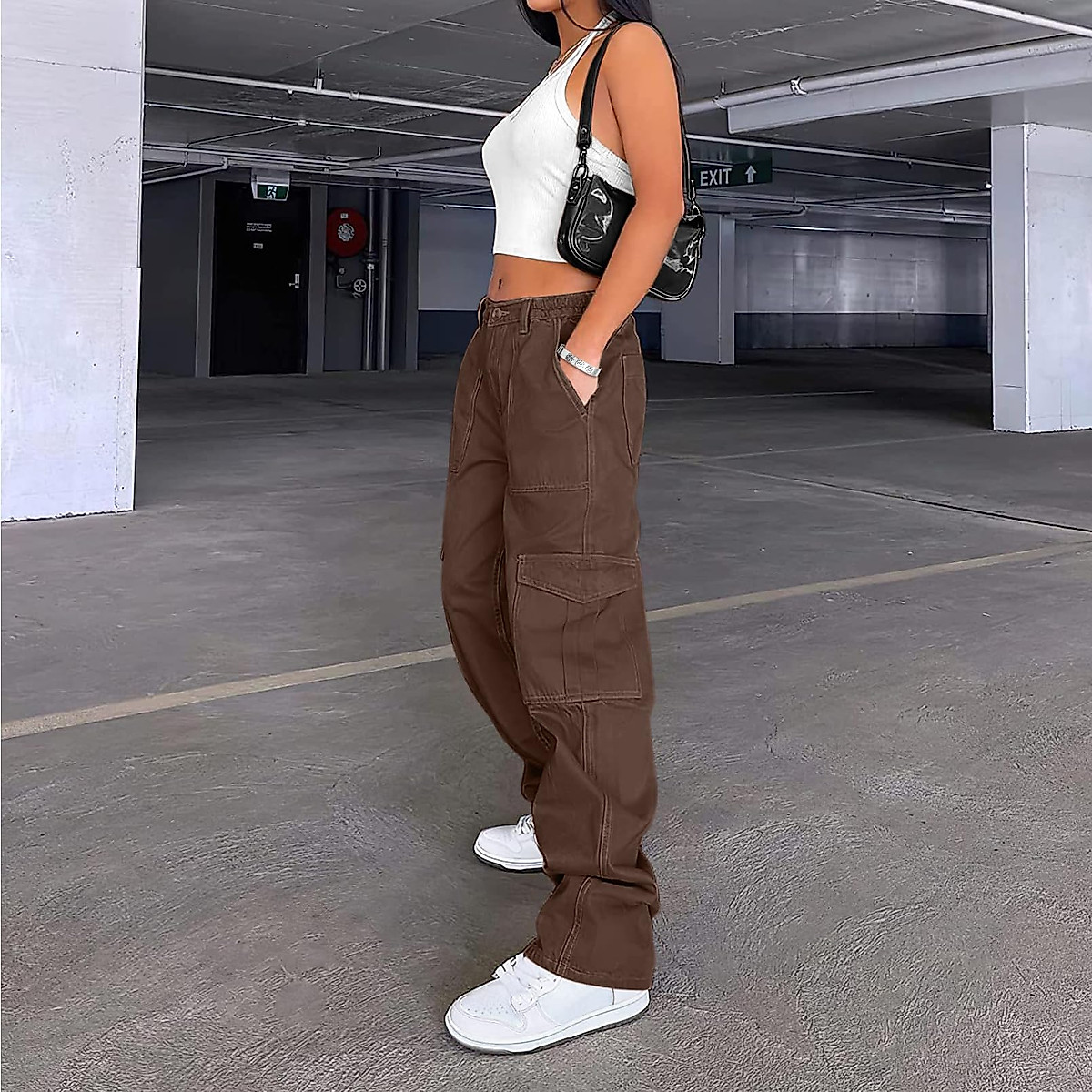 Lepunuo Cargo Pants Women Baggy High Waisted Y2K Wide Leg Boyfriend Streetwear Dark Brown
