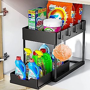 GJPOL 2 Tier Under Sink Organizers and Storage, Bathroom Organizer Under Sink Multi-Function Sliding Type，Kitchen Under Cabinet Storage，Under Sink Storage With 4 Hooks and 1 Hanging Cup (black)