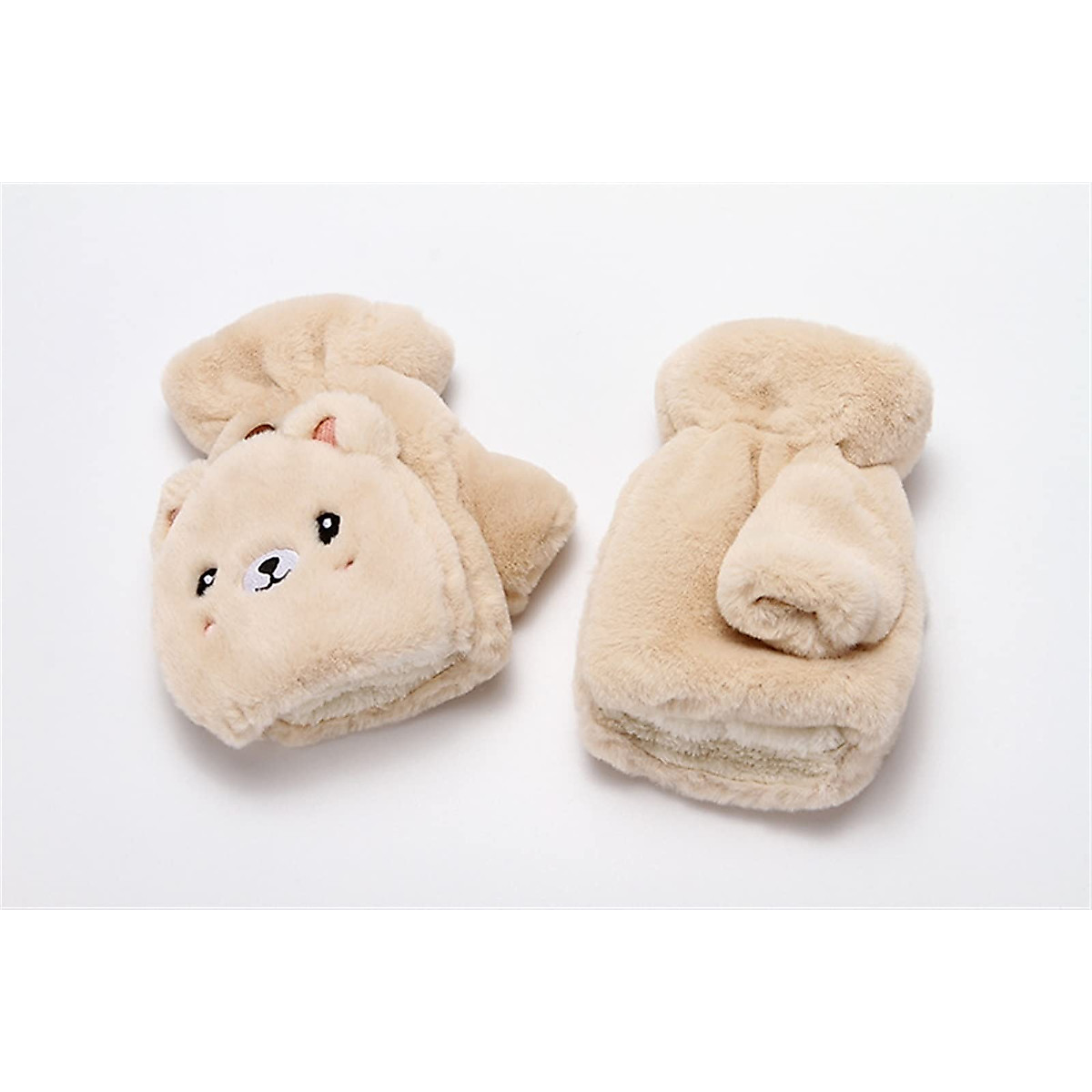 Woman Winter Warm Gloves Girls Cute Bear Rabbit Ears Convertible Flip Top Fingerless Thick Mittens for Teen Student (Color : Bear Khaki, Gloves Size : One Size)