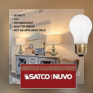 Satco S4881 40 Watt A15 Incandescent; Frost; 2500 Average rated hours; 265 Lumens; Medium base; 130 Volt; Shatter Proof (6 Incandescent Frosted Bulb)