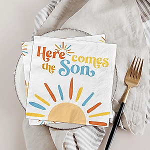 Here Comes The Son Baby Shower Decoration, 40pcs Disposable Retro Boho Sun Napkins Paper Little Ray Of Sunshine Baby Shower Napkins The Boho Sun Party Decorations for Boys Kids Birthday Supplies