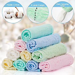 Tudomro 20 Pack Muslin Burp Cloths 20 x 10 Inch Absorbent Baby Burping Cloth 6 Layers Baby Rags Face Towels, 5 Colors