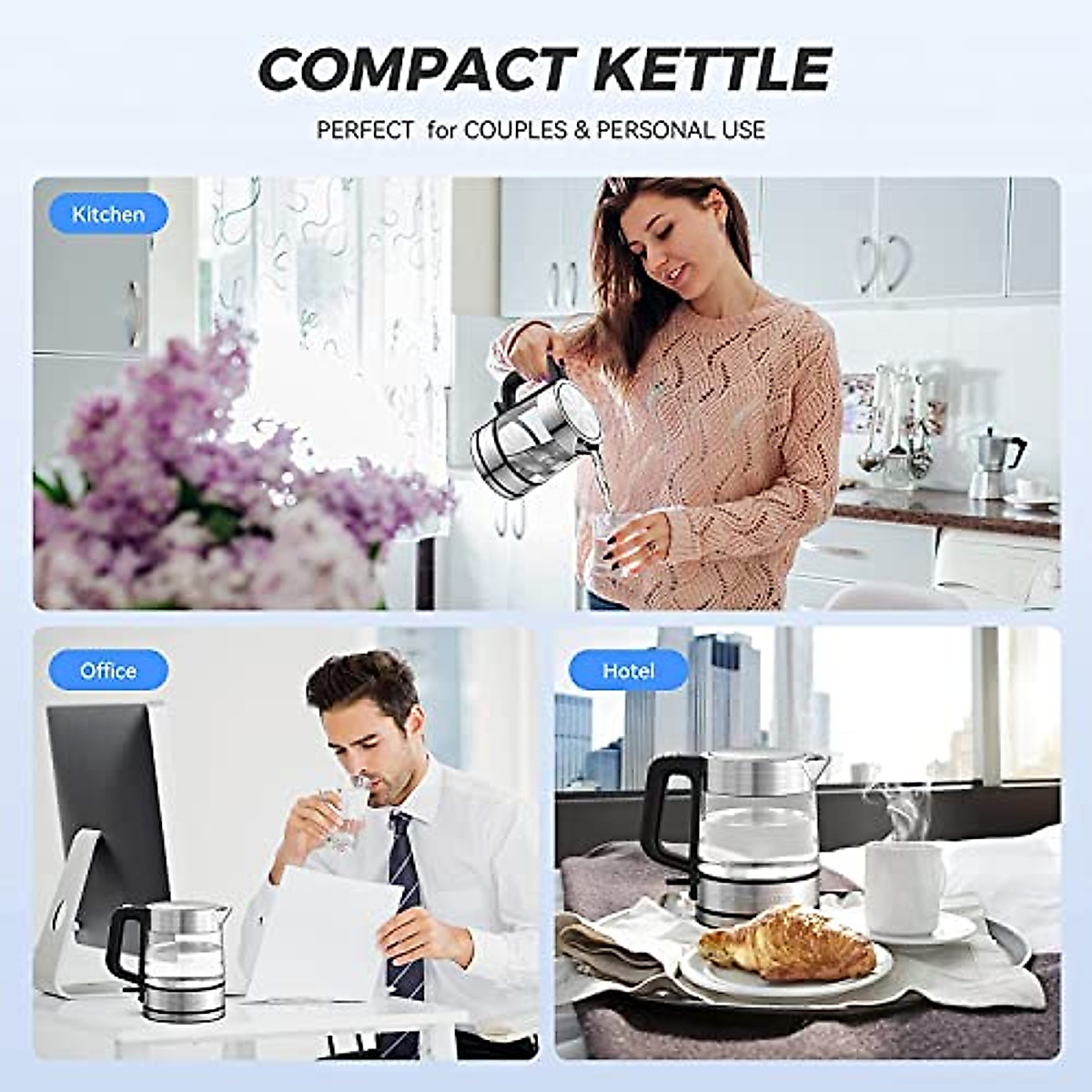LUUKMONDE 1500W Electric Kettle, 1 L Glass Tea Kettle Light Weight, Cordless Water Boiler with LED Indicator, Auto-Shutoff & Boil-Dry Protection, BPA Free