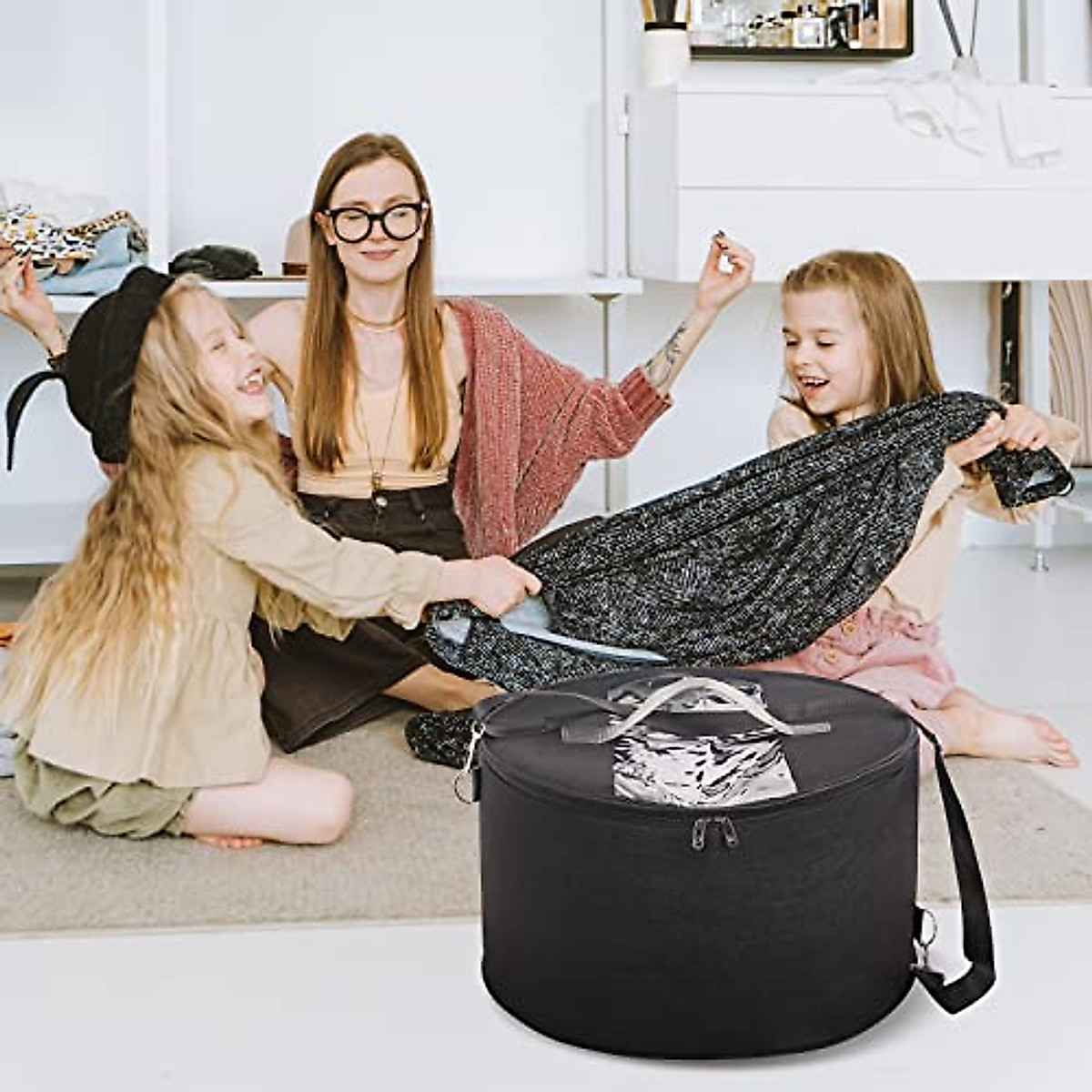 LITLANDSTAR Hat Organizer for Women and Men, Round Hat Storage Box Portable Felt Hat Container Foldable Hat Holder with Dust Proof Lid, Hat Rack for Closet or Travel (17" D x 10" H, Black)