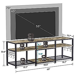 VECELO TV Stand for Televisions up to 70 Inch, Industrial Entertainment Center with 3-Tier Open Storage Shelves& Hooks for Living, Bedroom and Gaming Room, 63 Inch, Grey