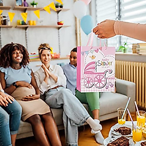 Gift Bags for Baby Shower - 2 Pack Glittery Baby Bags for Girls and Boys with Satin Ribbon Handles, Middle Size Baby Gift Bags with Lovely Pattern for Baby Shower, Guests, Favor Gifts and More (8.7’’x10.2’’x4.7’’, 1 Pack for Boy and 1 Pack for Girl)