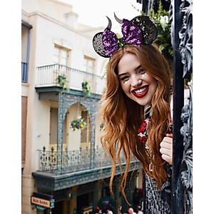 WOVOWOVO Mouse Ears Bow Headbands for Women, Halloween Decoration Glitter Hairbands Party Princess Cosplay Costume Hair Accessories, Maleficent